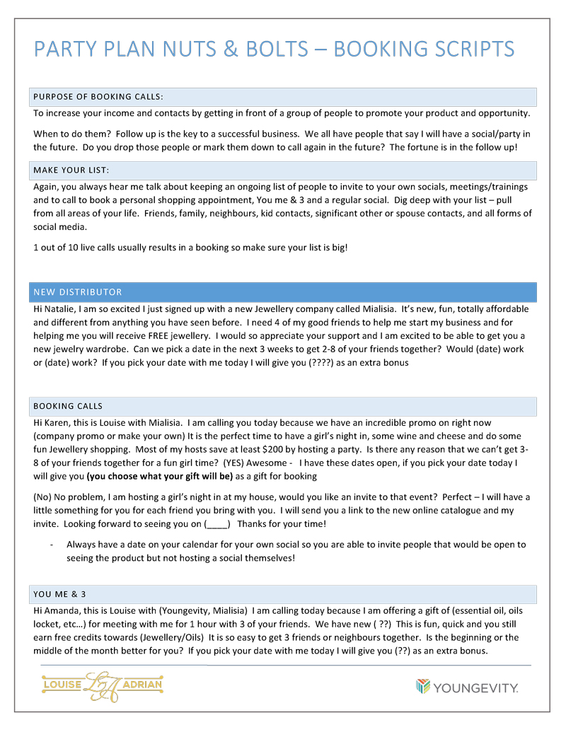Booking Handout by Louise Adrian - Youngevity Resource Center